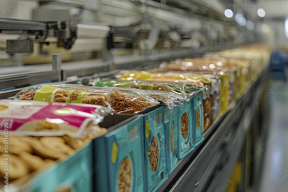 Packaged snacks manufactured in a well-lit plant, emphasizing ...
