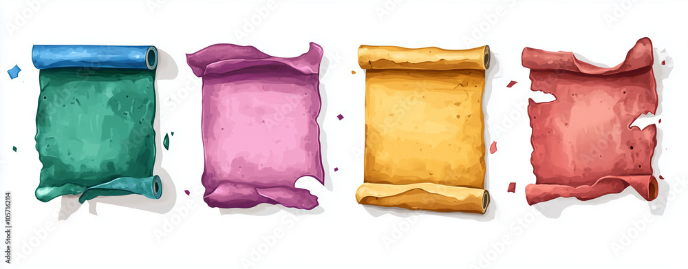 The four scrolls are all different shades of purple, ranging from light ...