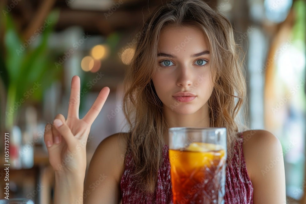 Limits sugar diet in food concepts. Young woman showing bad hand symbol ...