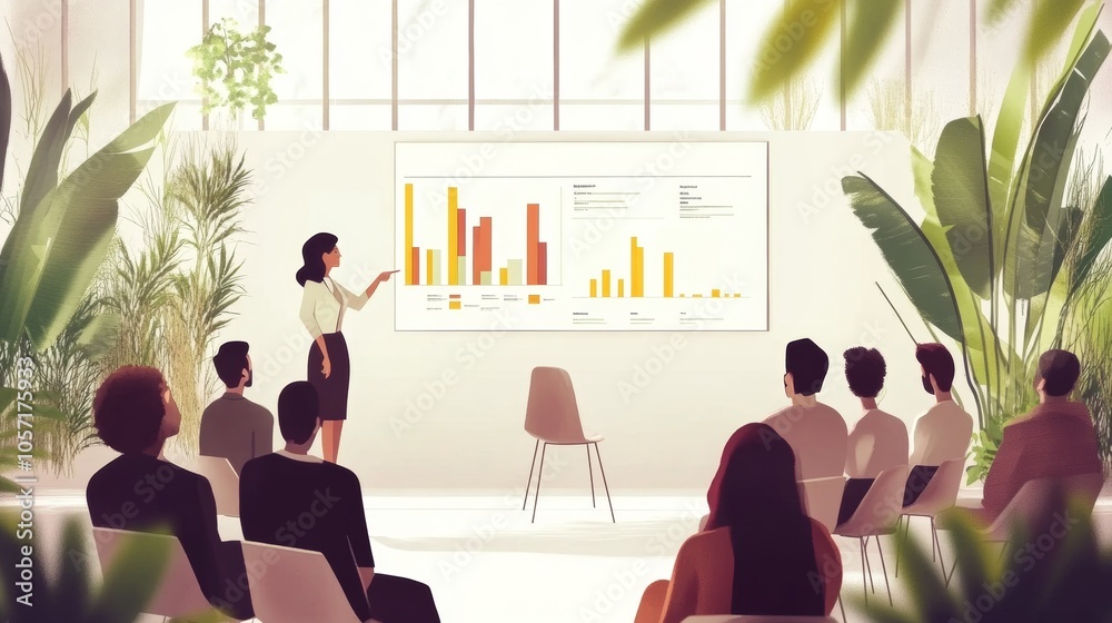Vector illustration of a business presentation: a businesswoman ...