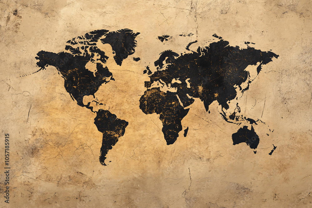A vintage world map with black continents on a brown aged paper ...