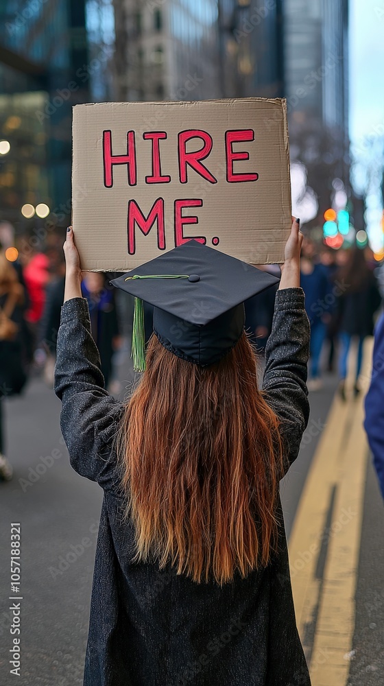 A graduate stands with her back to the camera, holding a sign reading ...