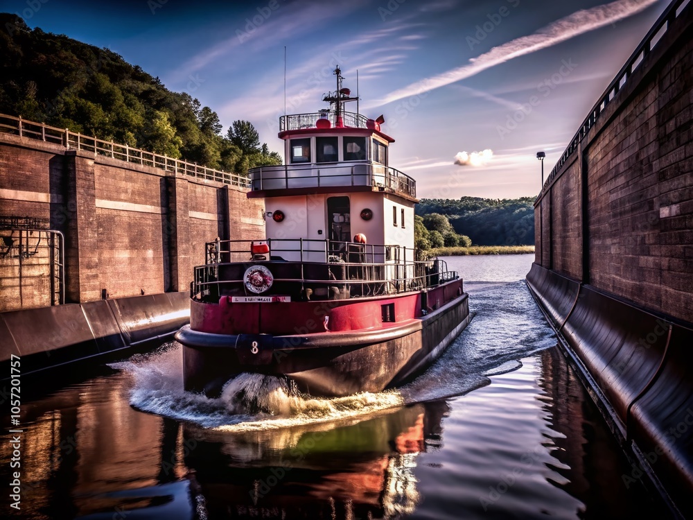 Tugboat Departing Lock and Dam no 12 on Upper Mississippi River near ...