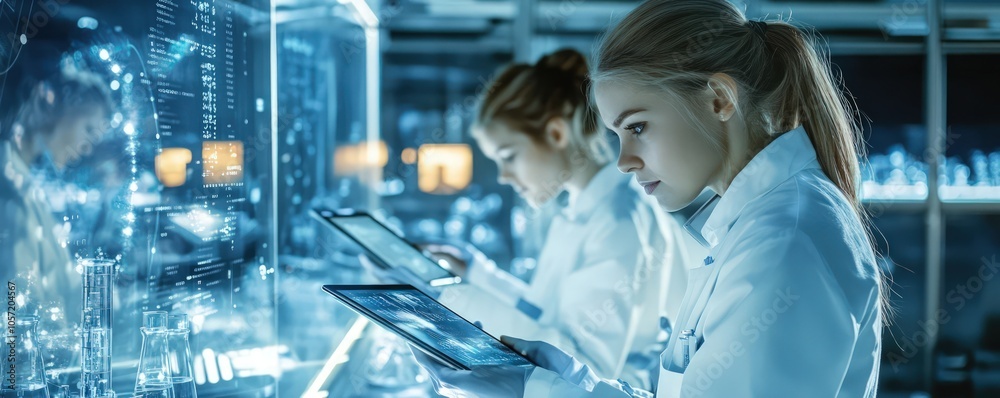 Female engineers collaborating in a high-tech research facility using ...
