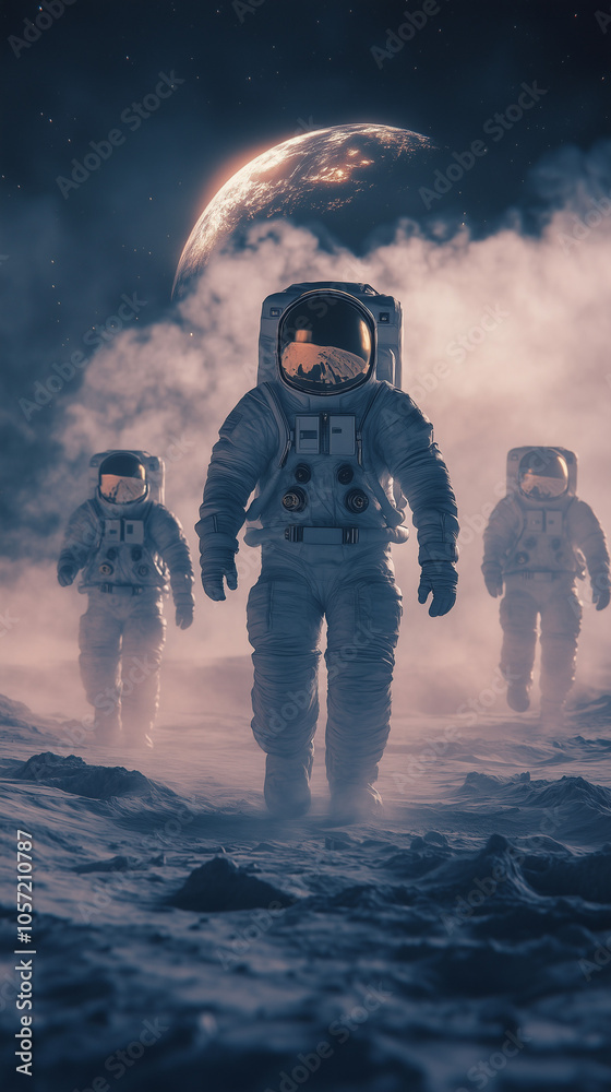 Humans in space suits exploring the moon, walking on its cratered ...