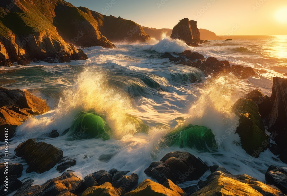 vibrant coastal waves energetically lapping rugged rocky shoreline highlighting natural beauty ...