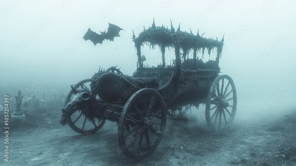 An eerie, overgrown carriage sits in a misty graveyard while a bat ...