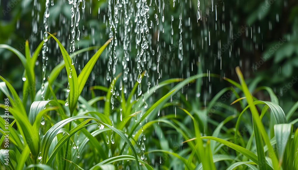 Rain cascading, lush tropical green grass jelly plant (Cyclea barbata ...