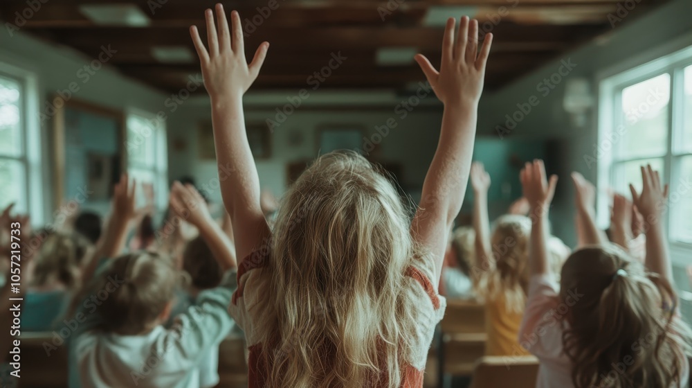 Seen from behind, several children eagerly raise their hands in a ...