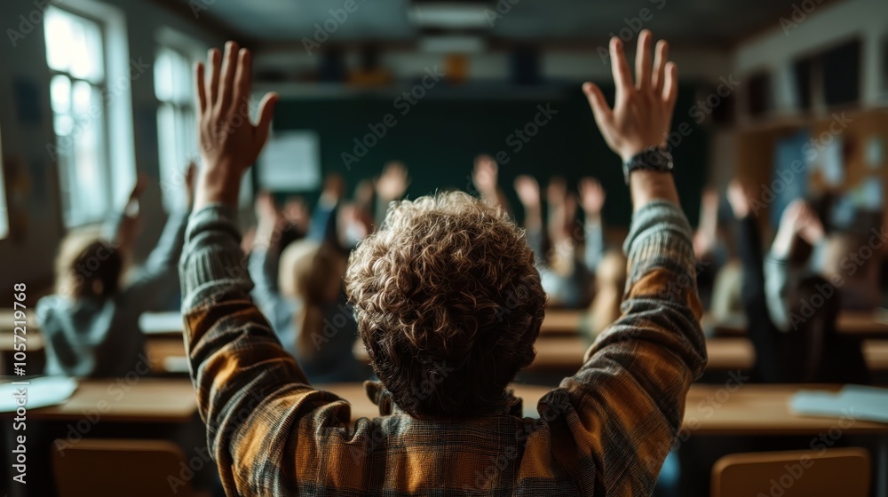 In a classroom setting, a student, viewed from behind, eagerly raises ...