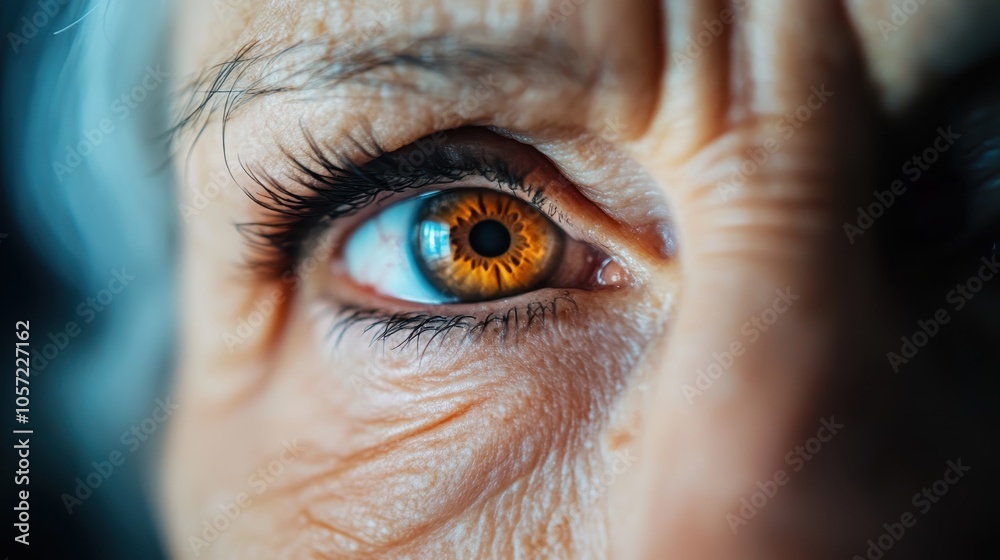 This close-up features a senior woman's expressive hazel eye, capturing ...