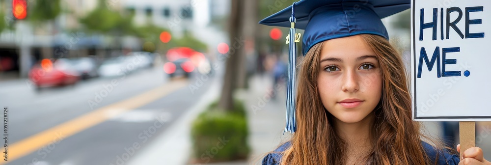 A young student in a graduation cap is seen on a city street holding a ...