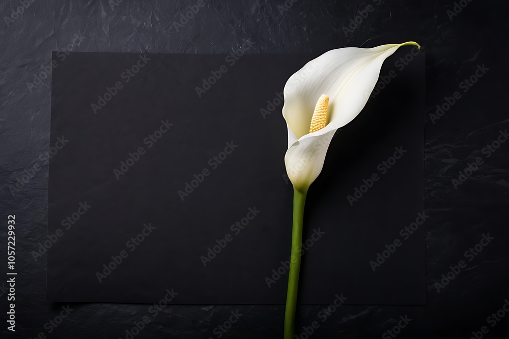 elegant white calla lily flowers on right side black empty paper on ...
