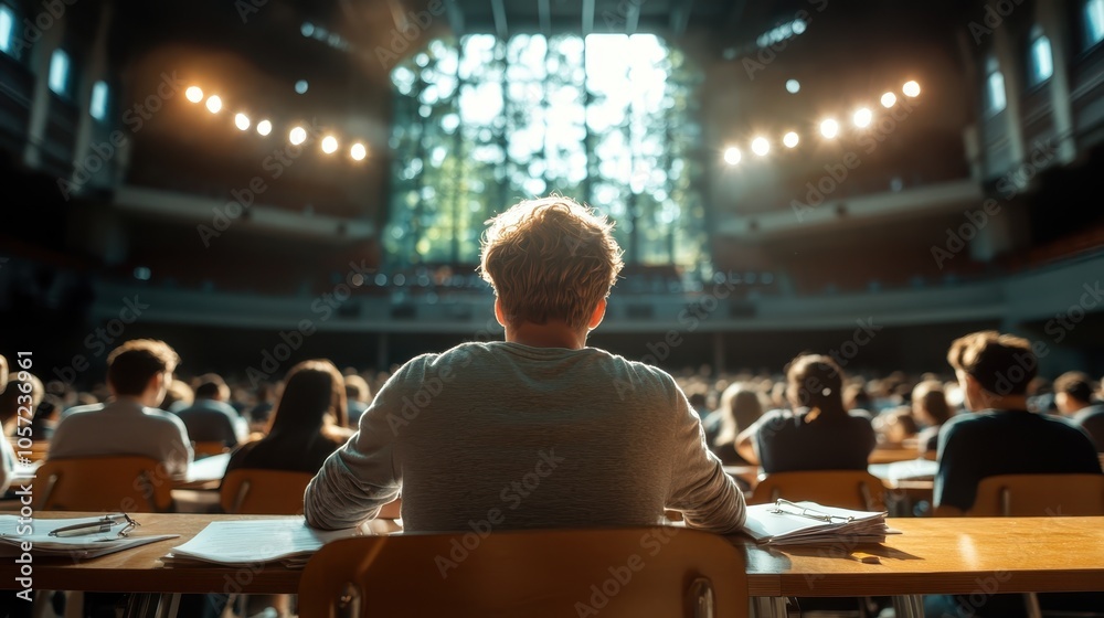 An audience seated in a spacious auditorium with a bright stage ...