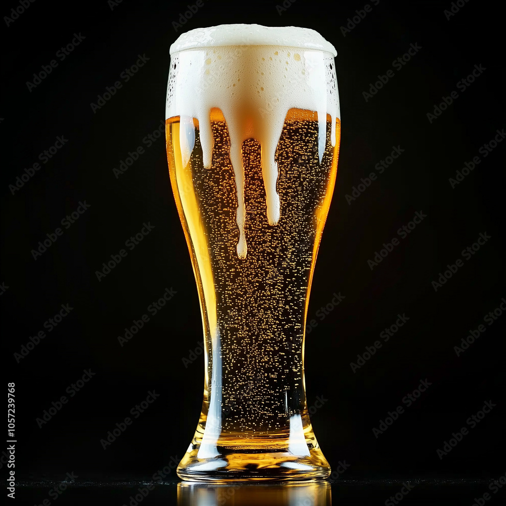 Tall Glass of Golden Beer with Foam Head Spilling Over the Edge and ...