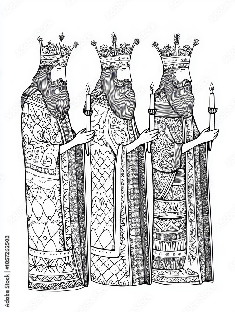 Three wise men, adorned with detailed crowns and robes, stand proudly ...