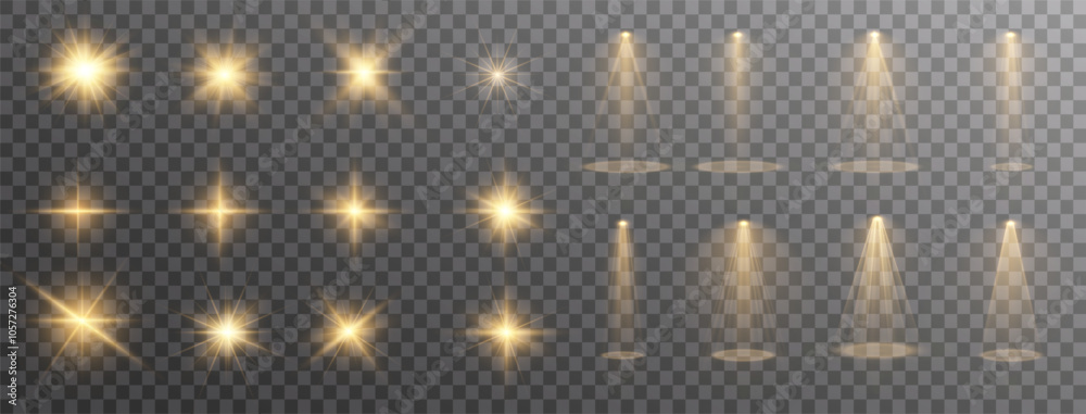 Yellow light effects. Beam from a spotlight and a star. Gold Shine ...