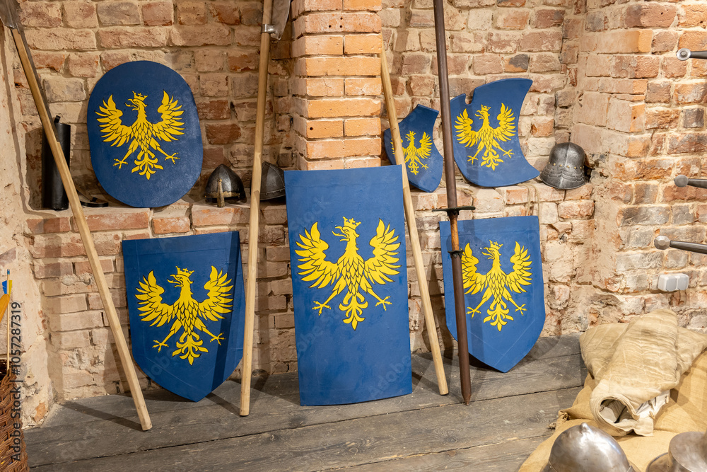 Historical medieval shields with Opole voivodeship coat of arms blue ...