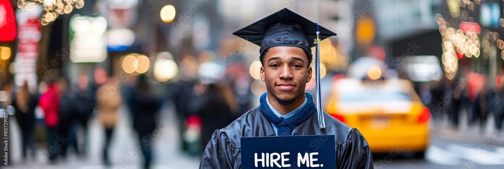 Amidst a vibrant city landscape, a focused graduate wearing a cap and ...