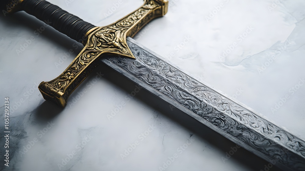 Medieval sword displaying damascus steel blade and ornate brass ...