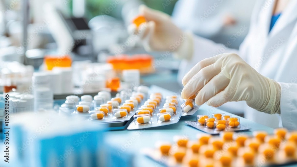 Workers in a pharmaceutical lab packaging and labeling medication ...