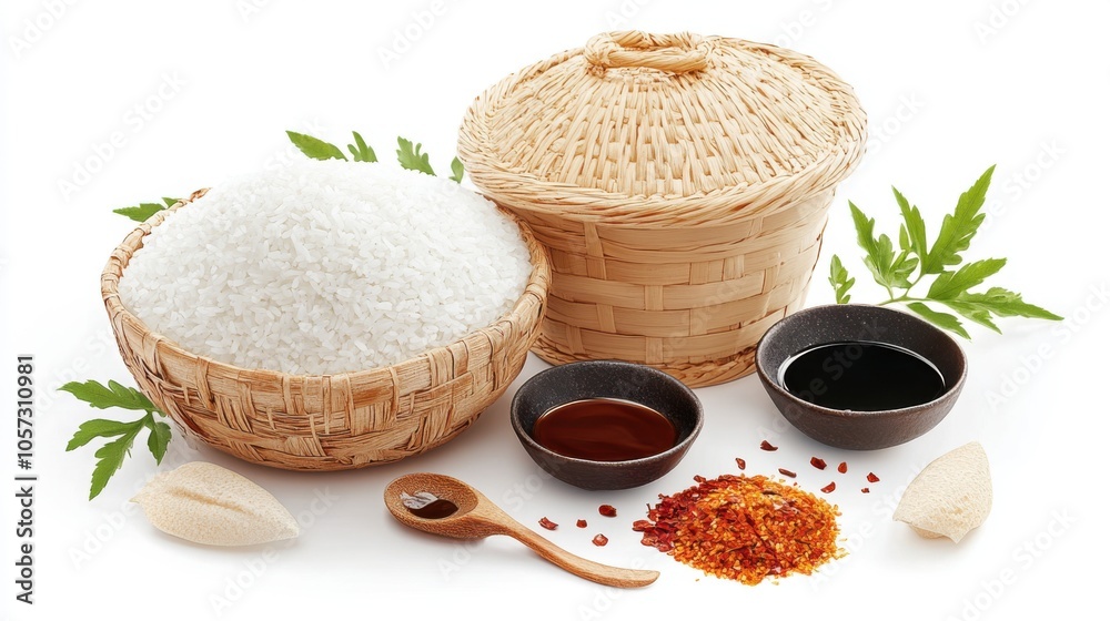 Sticky rice floating alongside a basket and dipping sauces, Stock Photo ...