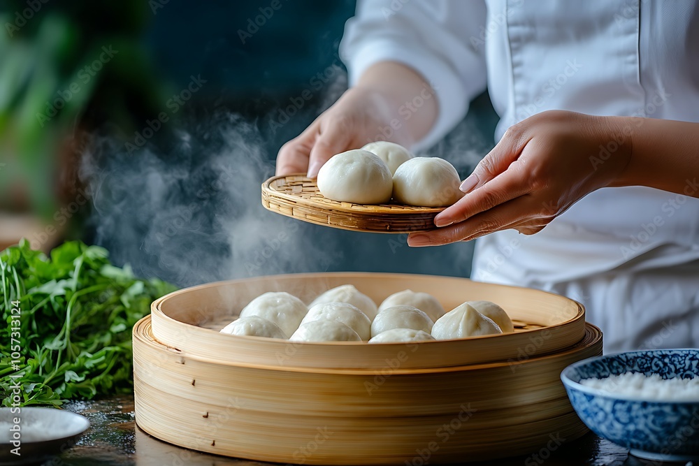 Steps for steaming buns on a bamboo tray using traditional cooking ...