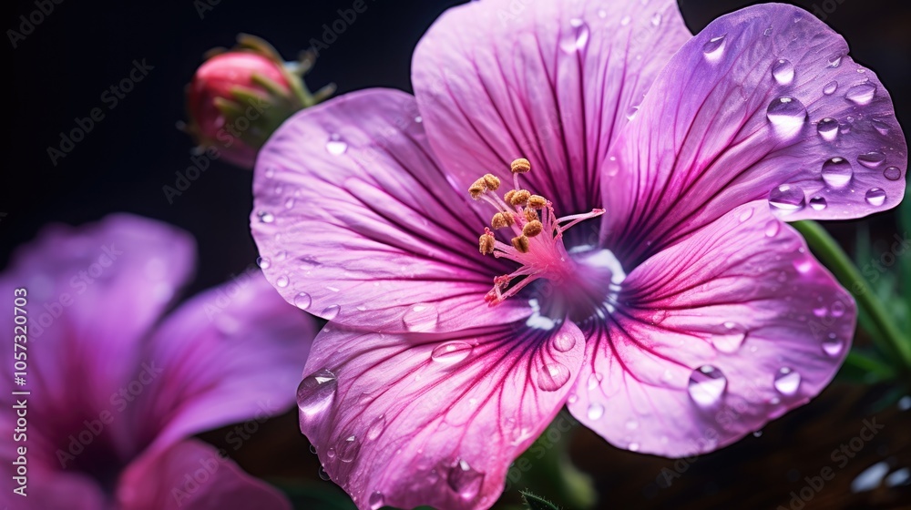 A close-up shot of a Malva sylvestris flower with droplets of its ...