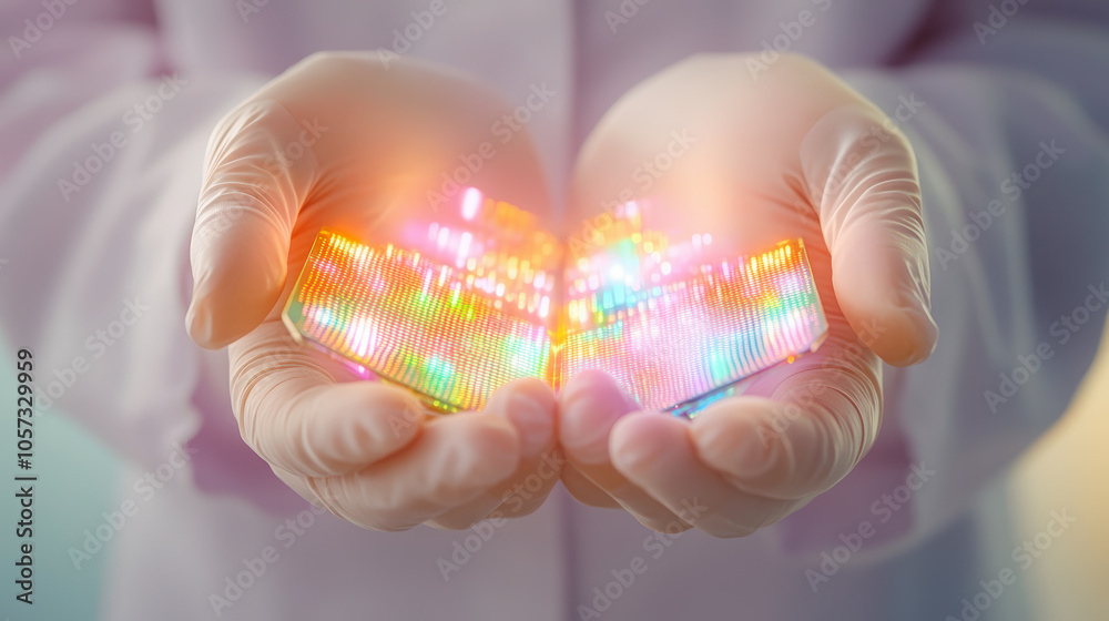 Gloved hands gently hold colorful, glowing semiconductor wafers ...