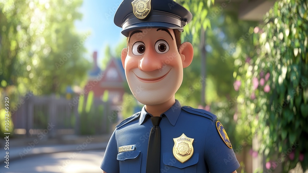 An animated, cheerful cartoon depiction of a friendly police officer ...