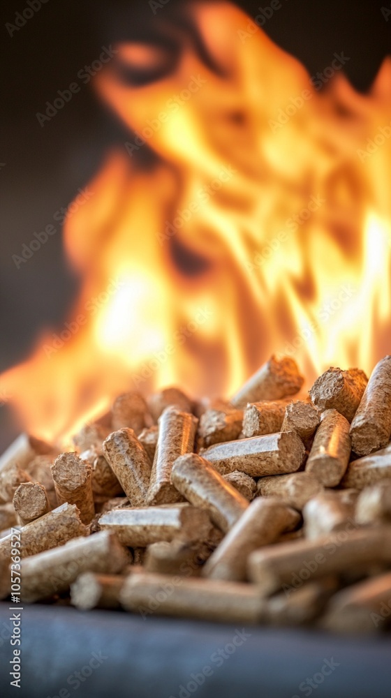 Wooden pellets ignite in vibrant flames, showcasing sustainable biomass ...