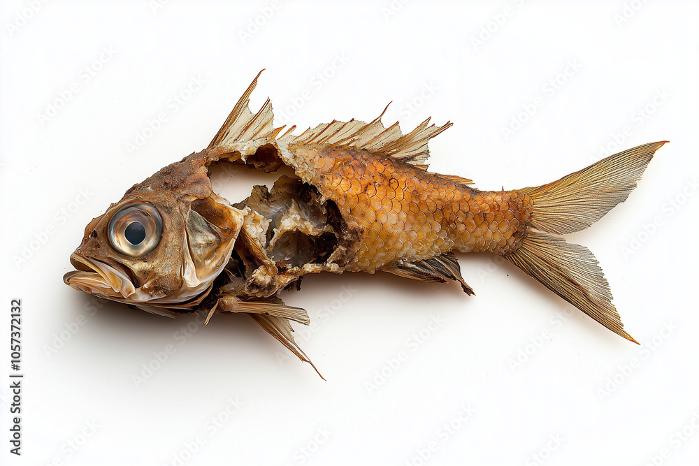 A singular fish with shrunk and thin body, featuring dull scales and an ...