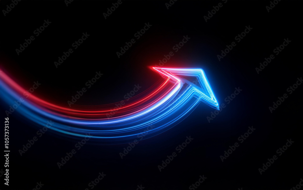 A blue and red neon arrow pointing upwards against a black background ...