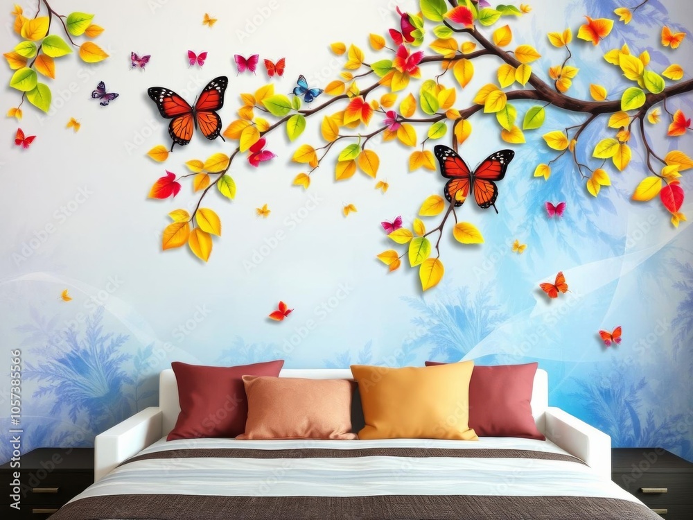 Colorful tree with vivid leaves as backdrop for butterfly tree theme ...