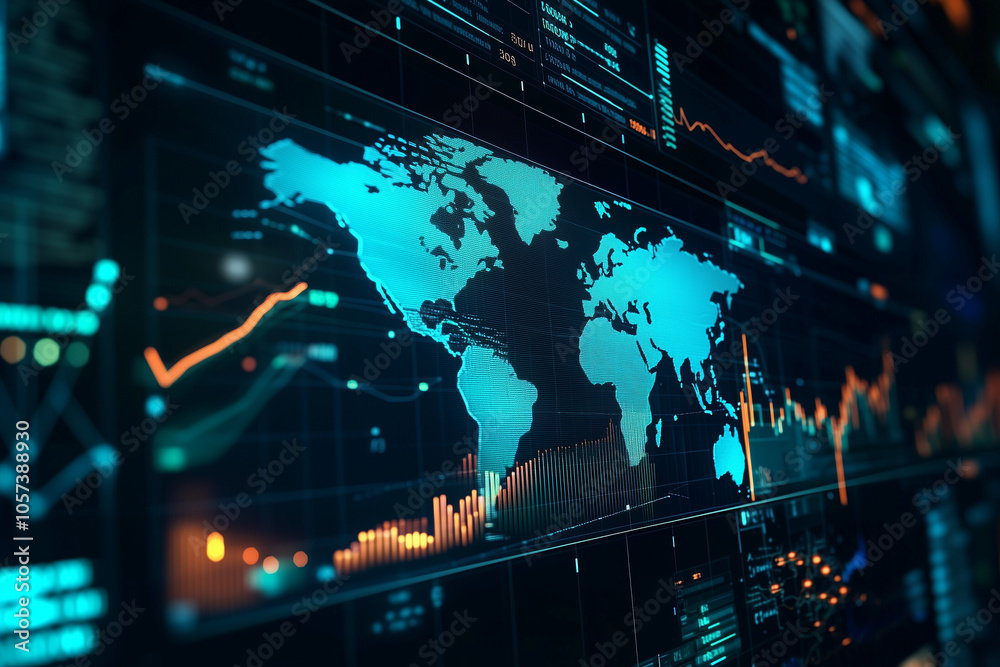 Digital world map with data visualization, showcasing global trends and ...