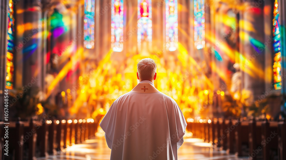 Priest in a Cathedral: A solitary figure, a priest, stands facing the ...