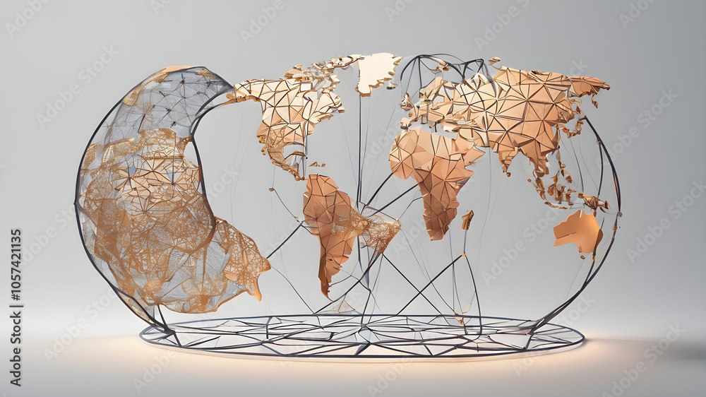 Polygonal mesh network map of world of lines and points, dots and ...