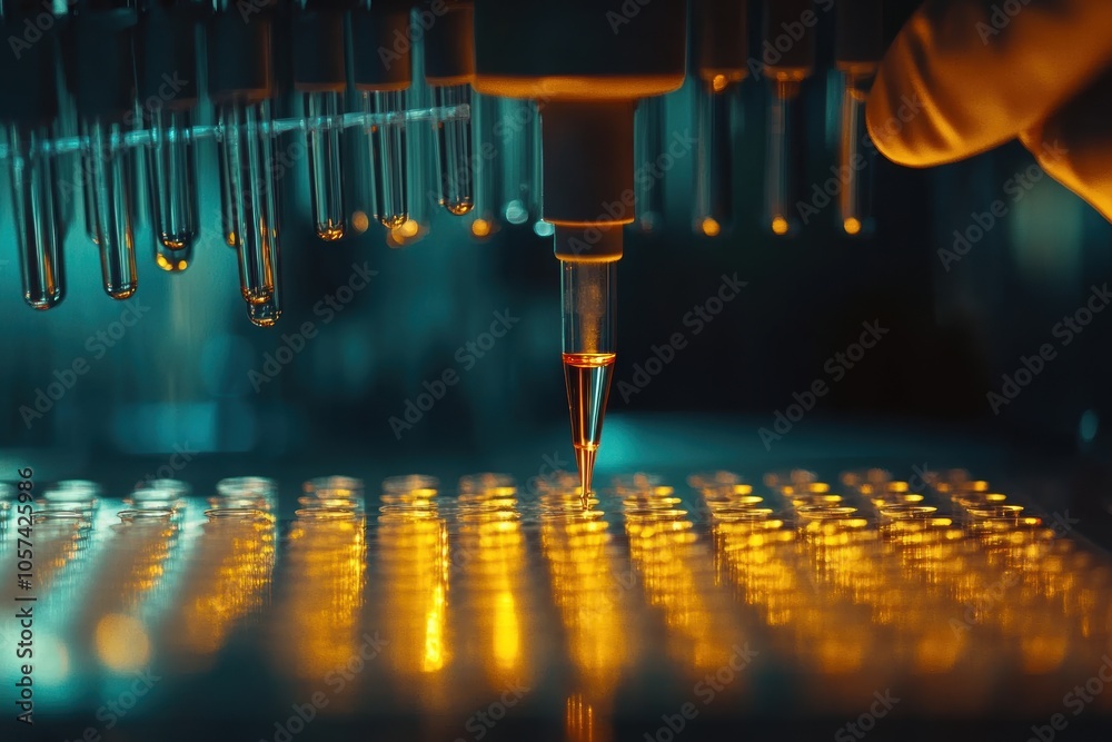 Close-up of a laboratory pipette dispensing liquid into test vials ...