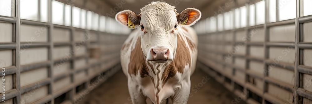 Young dairy cow standing in modern barn corridor, industrial cattle ...