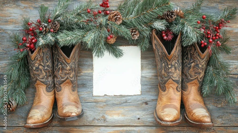 Christmas-inspired border with cowboy boots, pine garland, and a blank ...