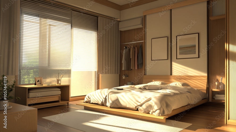 Minimalistic Muji-style 3D rendering of a bedroom interior with simple ...