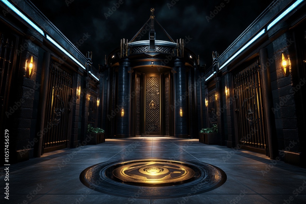 Gothic prison hall with tall, arched ceilings, stone walls, and dim ...