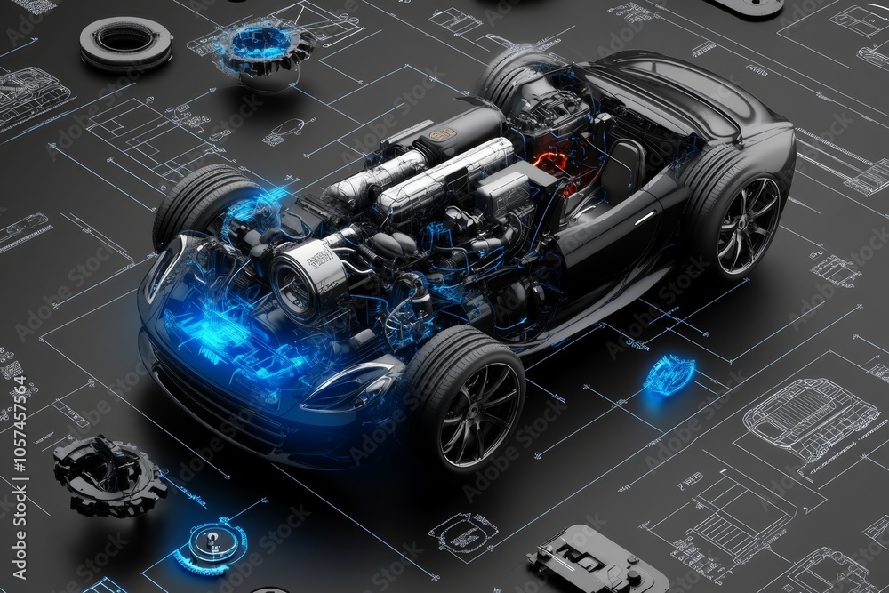 High-resolution blueprint of a vintage car engine with labeled parts ...