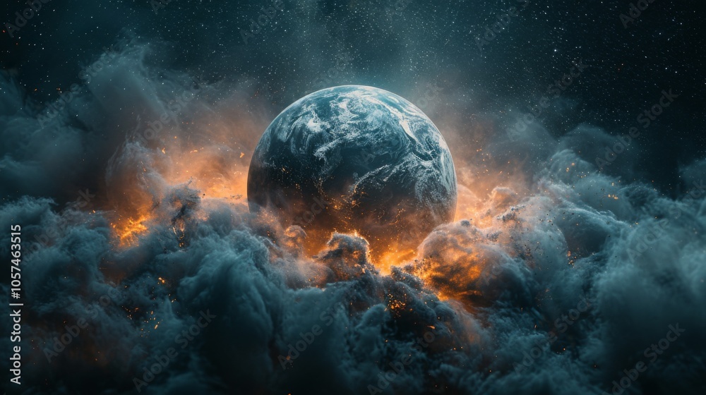 Earth partially shrouded in a thick cloud of pollution, highlighting ...