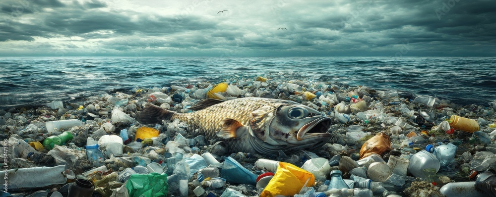 A fish lies amidst a sea of plastic waste, highlighting the severe ...