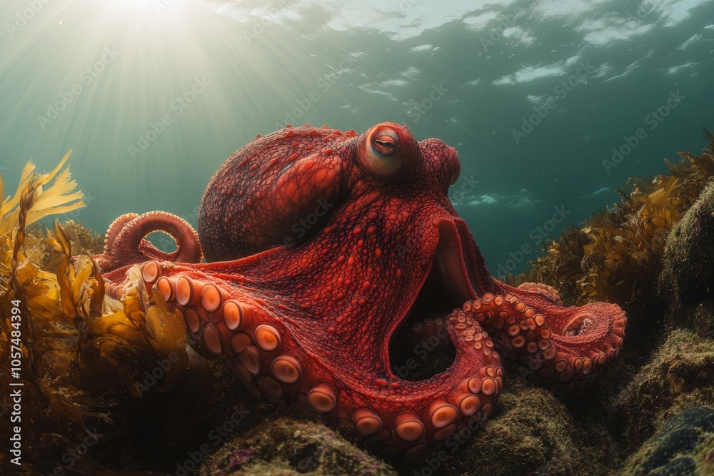 A vibrant red octopus gracefully floats among underwater rocks. This ...