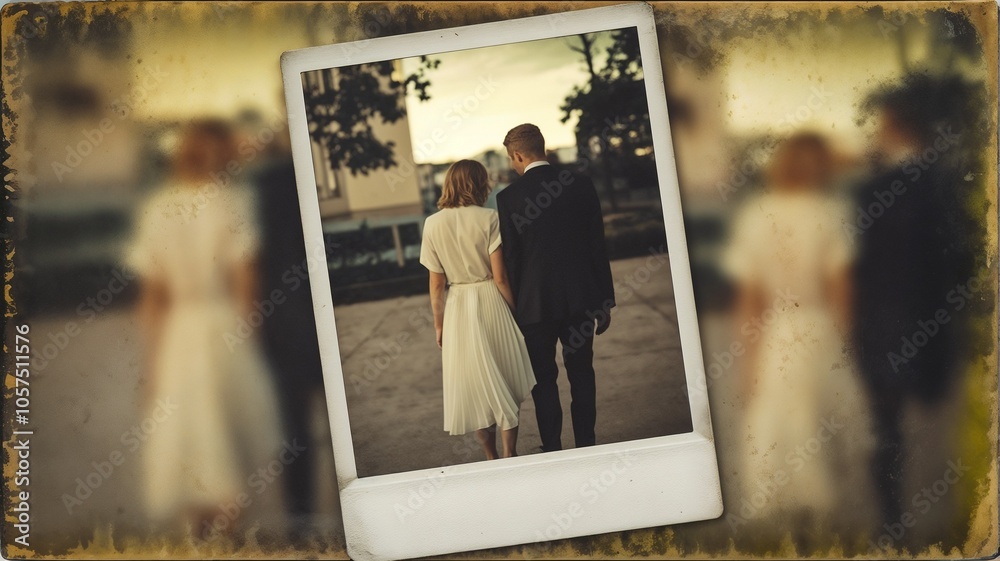 Faded Polaroid of couple walking together, overexposed colors and soft ...