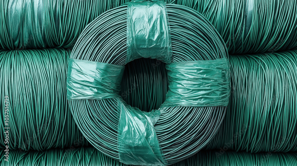 Coiled green wires bundled together with plastic wrapping, forming a ...