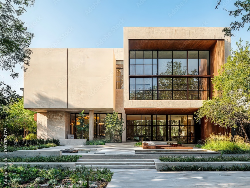 Modern home with large glass windows, concrete facade, and lush ...
