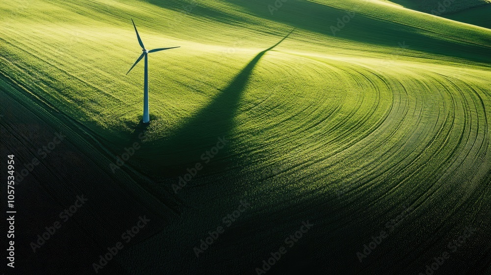 Wind turbine casting a strong shadow on a green field under a cloudless ...